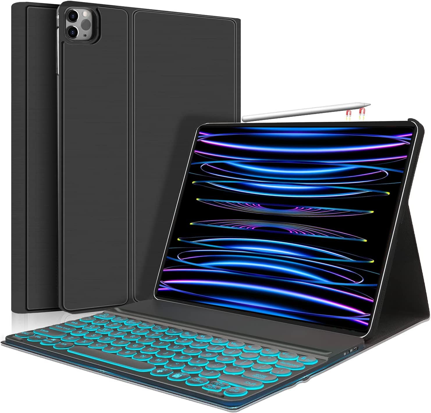 New iPad Pro 12.9 2022 6th Gen/5th Gen 2021/2020 4th Gen/2018 3rd Gen Keyboard Case -7 Colors Backlit Detachable Keyboard Slim Folio Smart Cover for iPad Pro 12.9"[Support Apple Pencil Charging]-Black