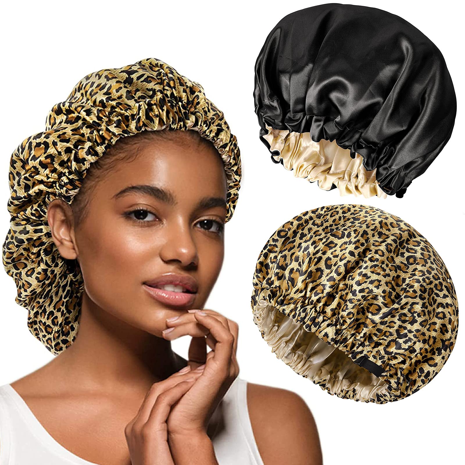 2-Pack Satin Bonnet Silk Bonnet Hair Bonnet for Sleeping Satin Bonnet for Hair Bonnets for Women Silk Bonnet(Black & Leopard)