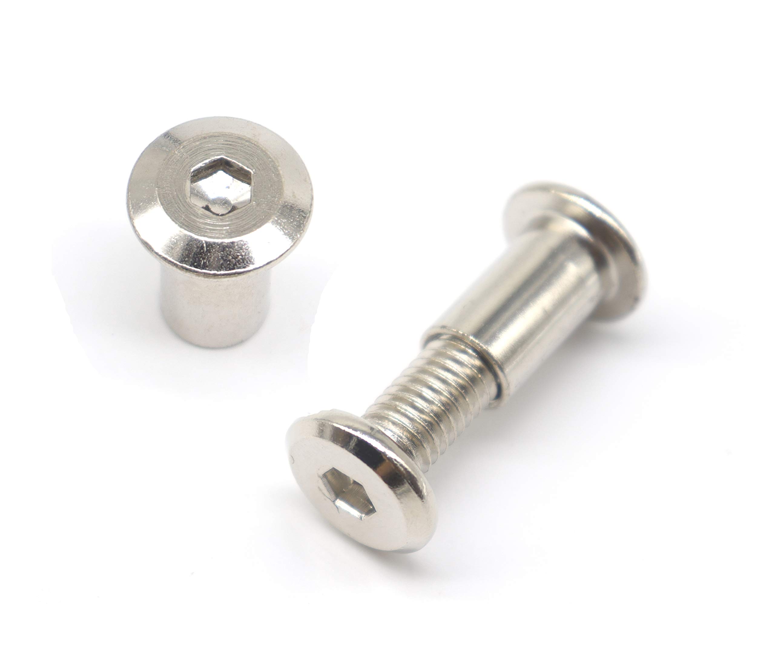 binifiMux 50pcs M8x20mm/25mm/30mm/35mm/40mm Rivet Countersunk Hex Socket Cap Bolts and Hex Head Barrel Nuts Assortment Kit for Furnitures Cribs Chairs, Nickel Plated