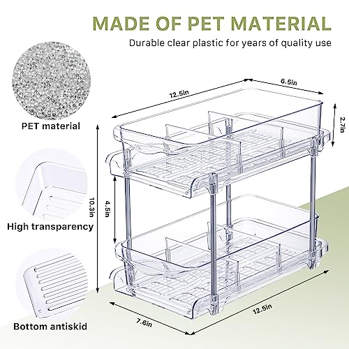 2 Tier Clear Bathroom Storage Organizer with Dividers and Pull Out Shelves - Under Sink Cabinet Organizer for Kitchen, Pantry, Vanity and Medicine Cabinet