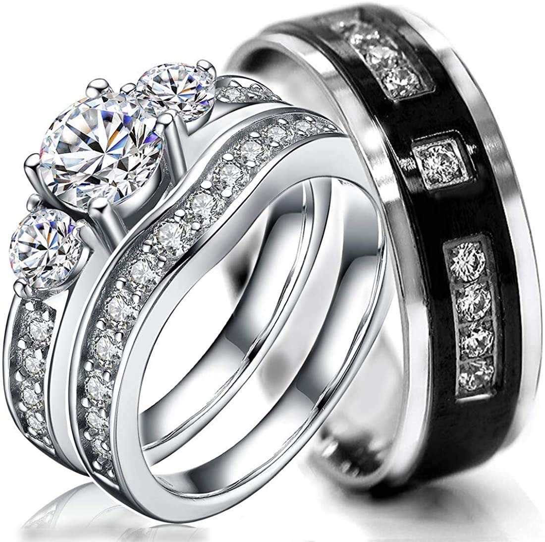 3 pcs His & Hers, STERLING SILVER & TITANIUM Wedding Rings Set. Available sizes Women's 5-10; Men's 7-13. EMAIL US SIZES THAT YOU NEED (Size His 09, Hers 09)