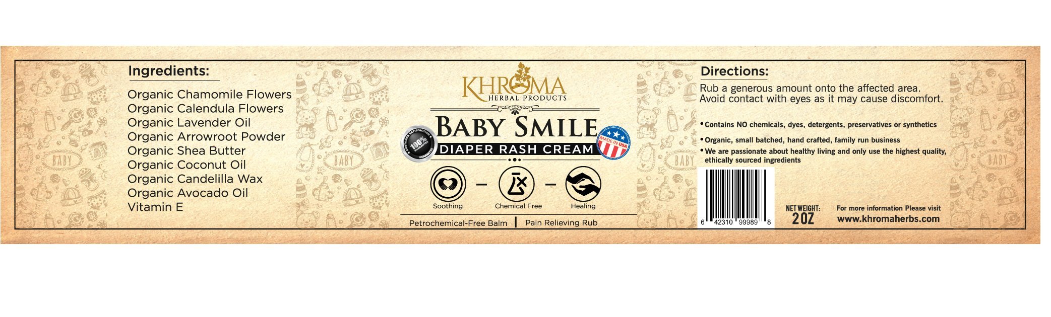 Baby Smile - Organic Soothing Diaper Rash Cream - 2 oz in Glass Bottle - with Lavender, Calendula Flowers, Shea Butter