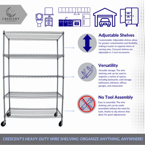 Crescent 4000 LBS 48L 18W 76H Epoxy Coated Gray, 5 Tier Racks for Storage, Heavy Duty Wire Shelving Rack with 4" Casters