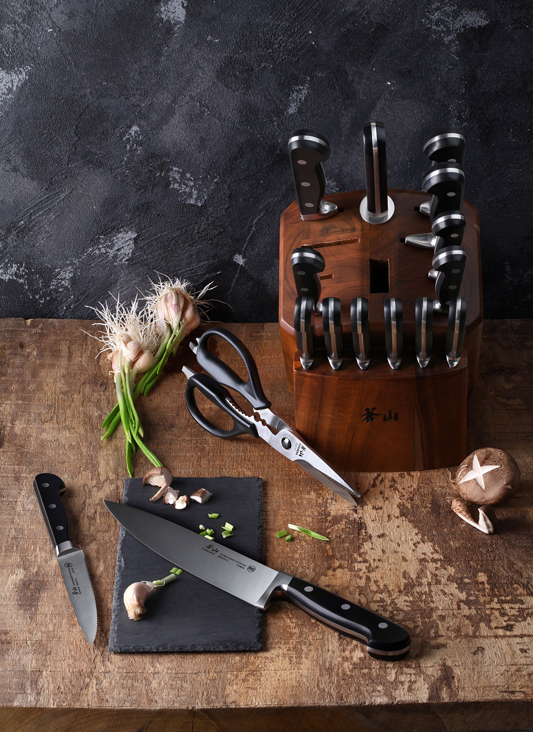 Cangshan TV2 Series 1023053 Swedish 14C28N Steel Forged 17-Piece Knife Block Set, Acacia