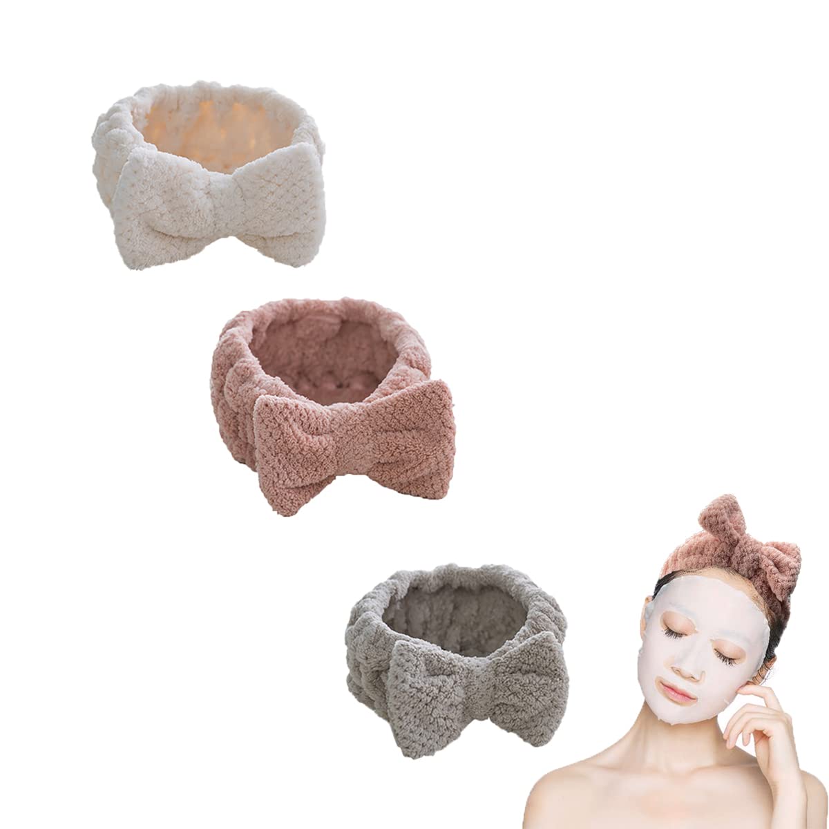 3Pcs Headbands for Washing Face, Spa Headband, Makeup Headband, Soft Towel Hair Band Microfiber Headbands SkinCare Headbands Yoga Facial Headband for Women and Girls（White,Grey,Pink)