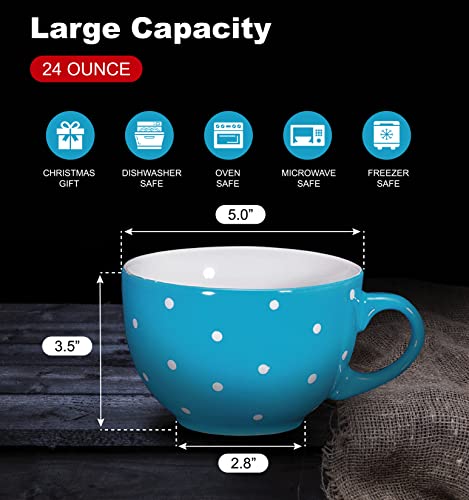 Bruntmor | Large Coffee Mug - 24 Oz Polka Dots Mug - Ceramic Soup Mug - Large Cereal Cups with Handles - Suitable As Tea, Cocoa & Coffee Mugs - Easy-to-clean - Comfortable Handle