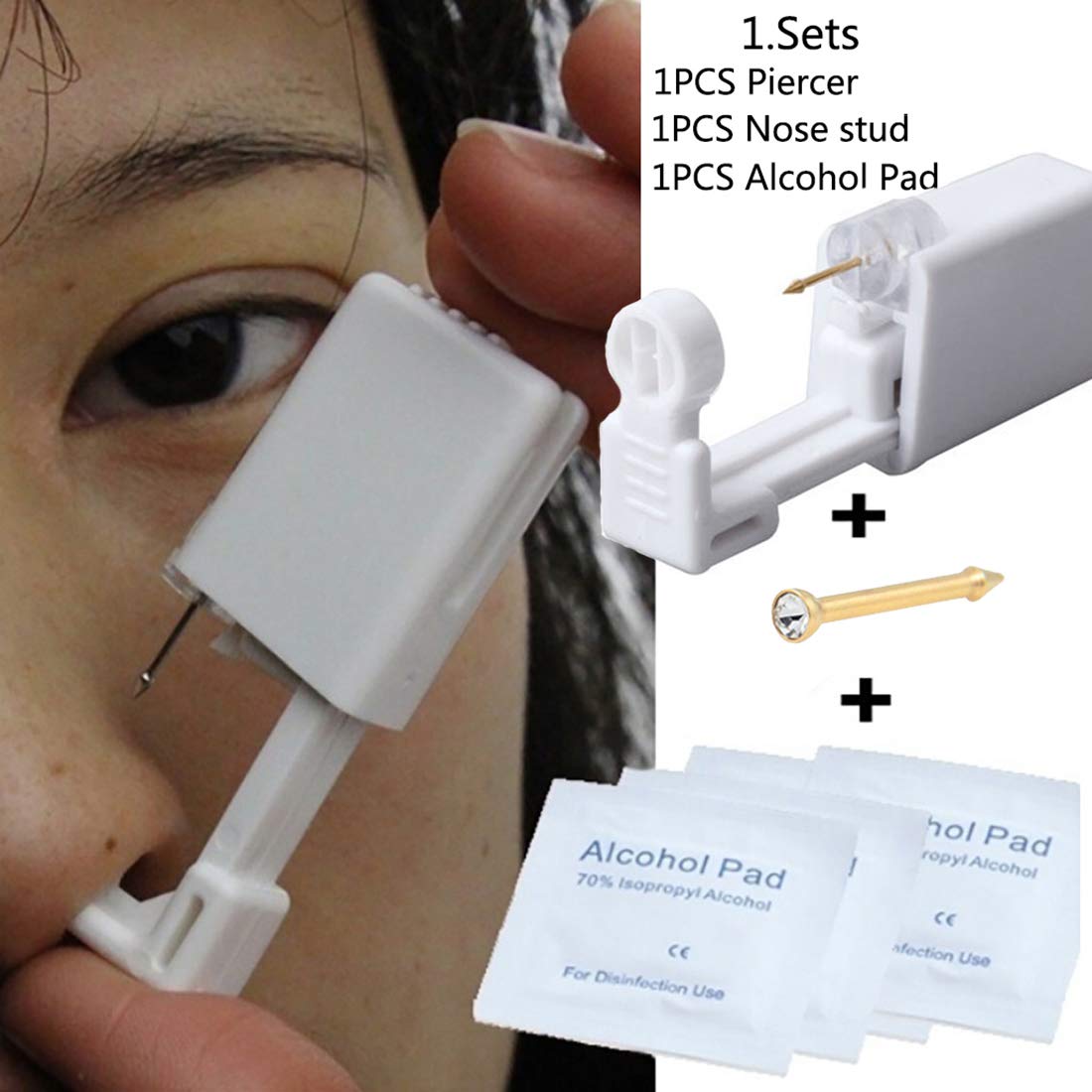 Silver Angel Nose Piercing Kit Gold Color 20G Nose Stud Disposable 16L Steel Needles Piercing Safety Self Body Piercing Kit Tool (1 Pack)