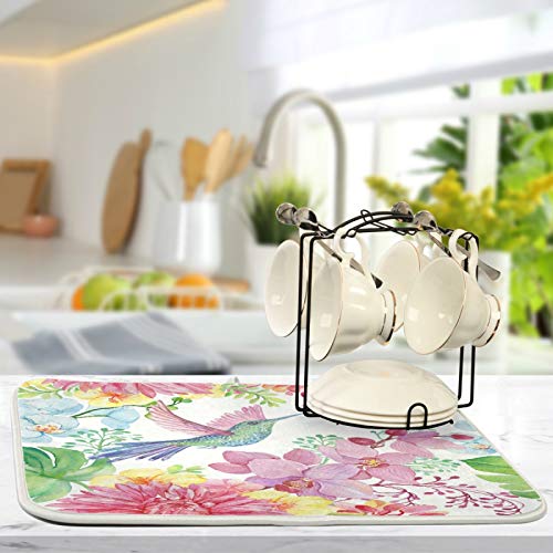 Bird Hummingbird Flowers Orchids Butterfly Dish Drying Mat 24"x18" Absorbent Machine Washable Hanging Fast Dry Pad Dish Protective Mat for Kitchen Countertop Heat Resistant Dinner Table Mat