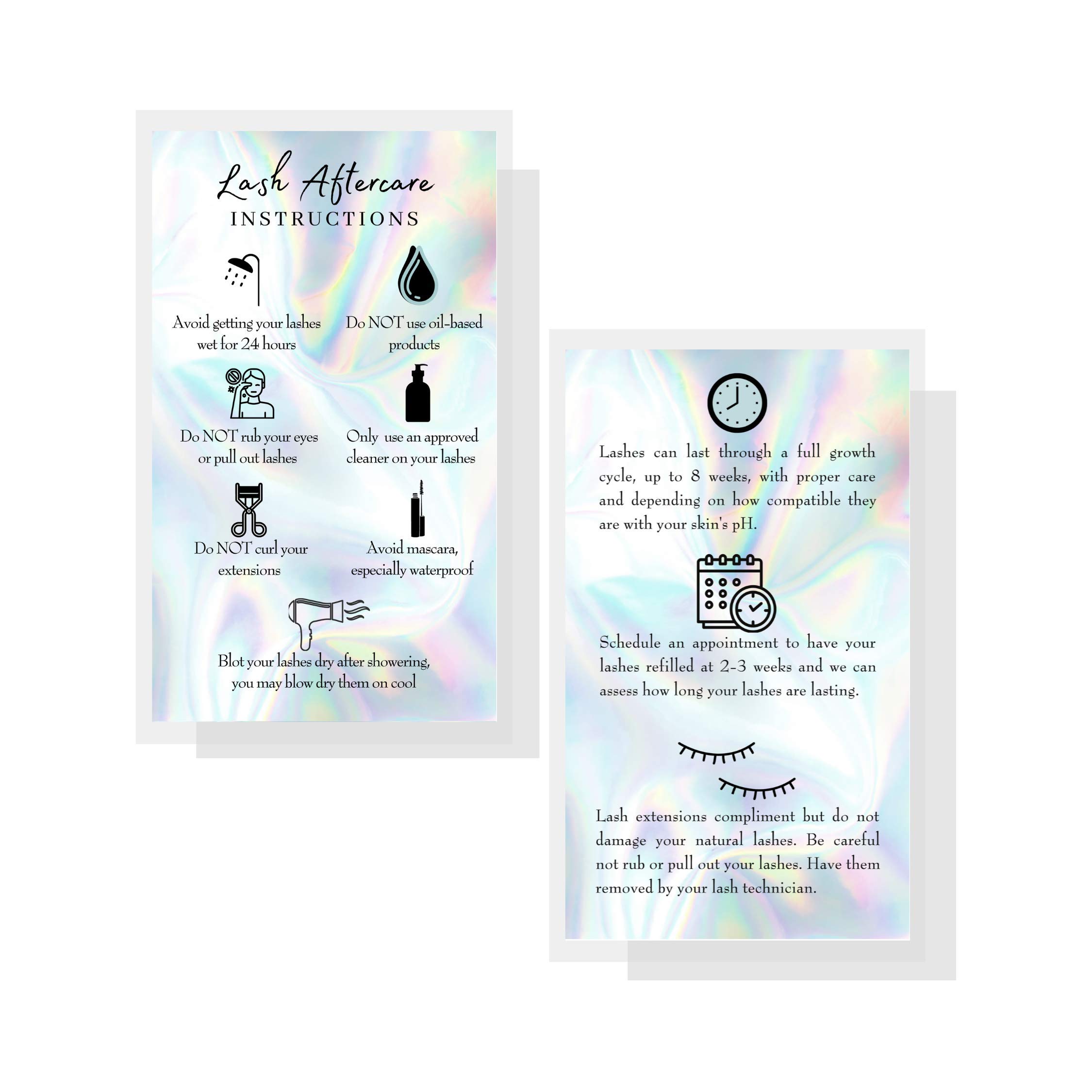 Lash Extension Aftercare Cards | 50 Pack | Business Card Size 3.5 x 2" inches After Care (2-3 Week Fillers) | Non-Reflective Matte Rainbow Holographic Look Design