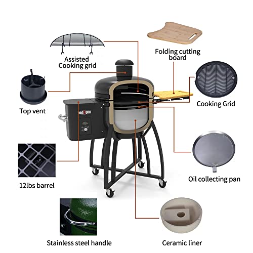 24" Ceramic Pellet Grill with 19.6" Diameter Gridiron Double Ceramic Liner 4 in 1 Smoked Roasted BBQ Pan-roasted for Outdoors Patio, Black