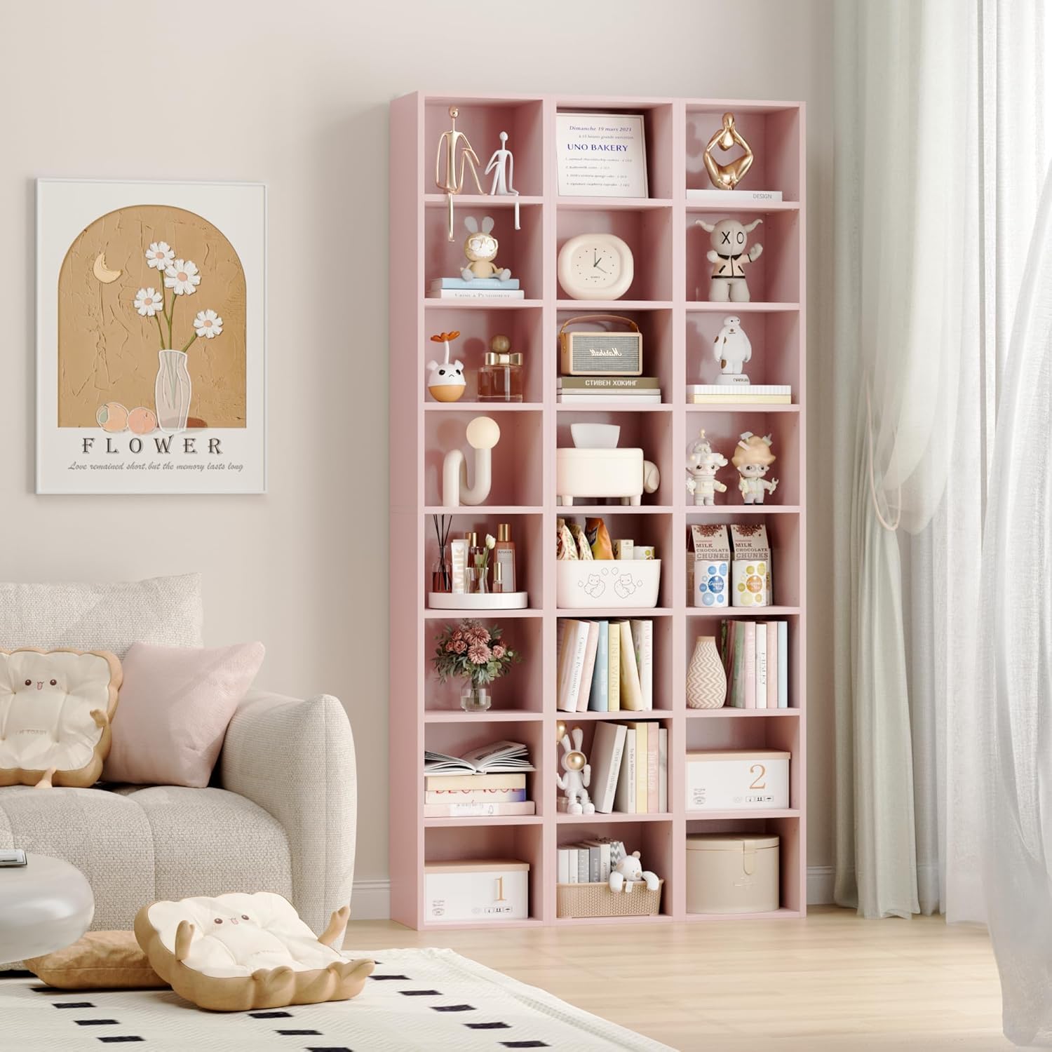 8-Tier Media Tower Rack, 11.6 X 9.3 X 71 Inches CD DVD Slim Storage Cabinet with Adjustable Shelves, Tall Narrow Bookcase Display Bookshelf for Home Office,Pink