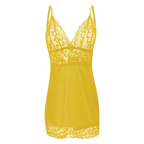Babydoll Blouse Women's Knot Front Teddy Lingerie Floral Lace Bodysuit One Piece Babydoll Yellow