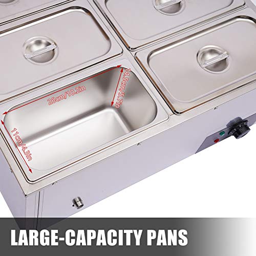 Buffet Server Food Warmer, 6 Pot Stainless Steel Electric Food Warmer Buffet Server Heater Tray Pan Bain-Marie Buffet Countertop Food Warmer Steam Table Steamer + 6Lid 850W 110V (US Stock)