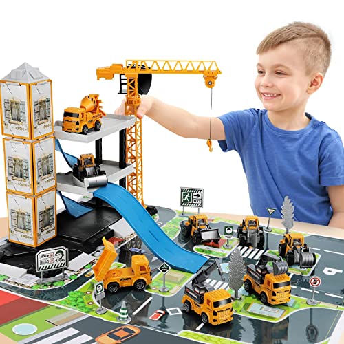 TEMI Construction Vehicles Toy for Boys, 60PCS Kids Engineering Trucks Vehicle w/Tractor, Crane, Dump, Excavator and Map, Birthday Gift Toys for 3 4 5 6 7 Year Old Boys Children Toddlers
