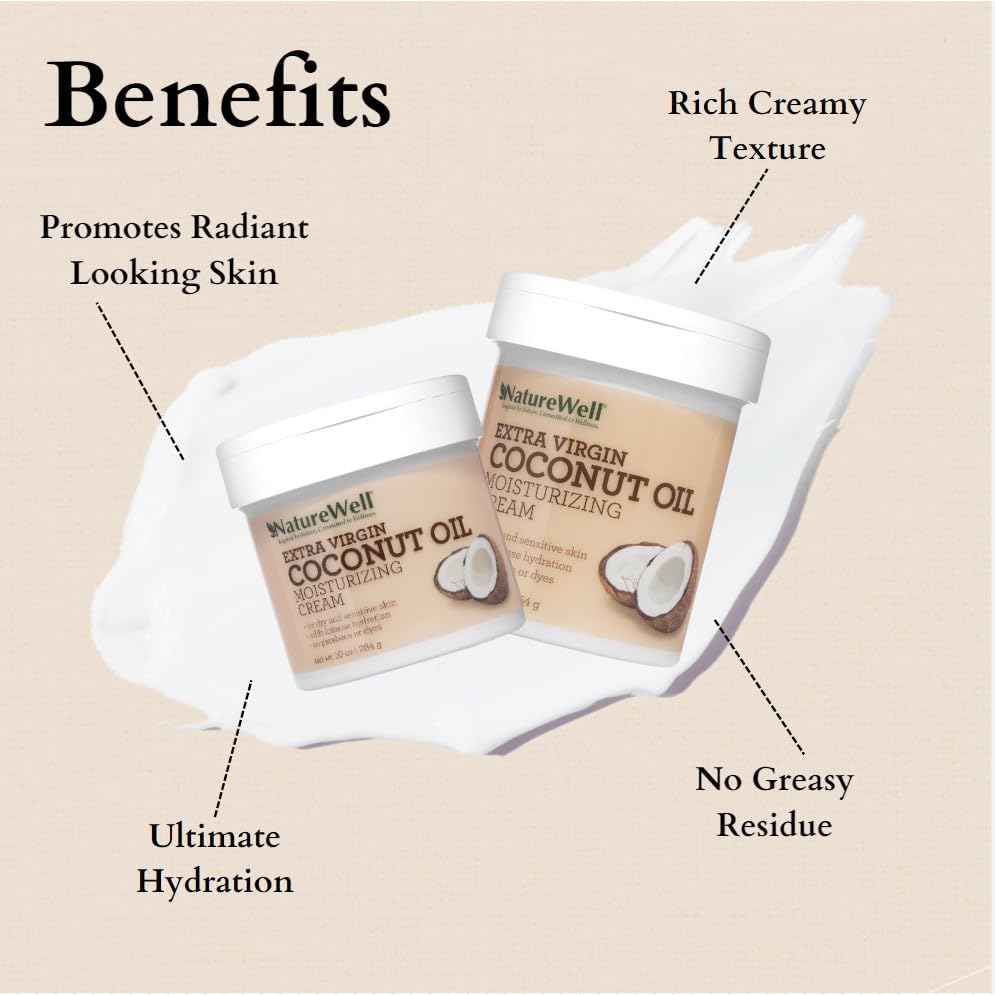NATURE WELL Extra Virgin Coconut Oil Moisturizing Cream for Face, Body, & Hands, Anti Aging, Firming, Restores Skin's Moisture Barrier, Provides Intense Hydration for Dry & Dull Skin, 10 Oz