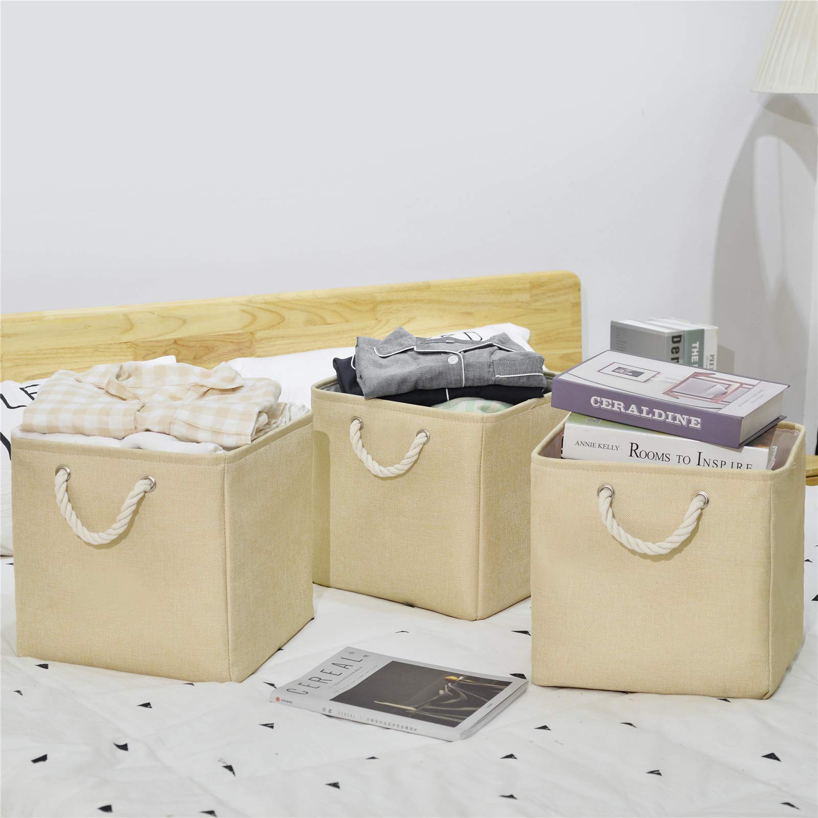 FAGlSAK Large Foldable Storage Bin 13" X 13" Storage Baske Organizer Basket Shelf Cube with Sturdy Cotton Carry Handles for Baby Nursery Closet Shelves Organization (Beige, Set of 3)
