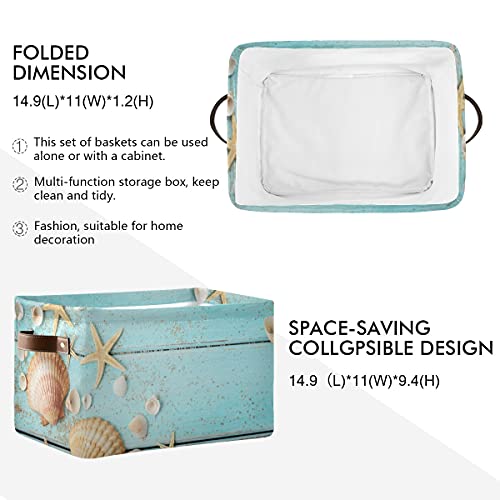 Canvas Storage Basket Beach Board Seashell Starfish Storage Bins Collapsible Organizer with Handles for Cupboards Shelves Nursery Wardrobe Clothes Toys Laundry Children Room