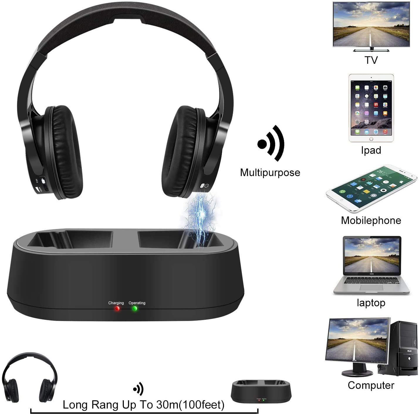 DIGITNOW Trail Wireless TV Headphones with Transmitter Dock, Over-Ear Cordless Headset with RCA / 3.5MM Input, for Watching Home Television Game 100 Feet Play Range