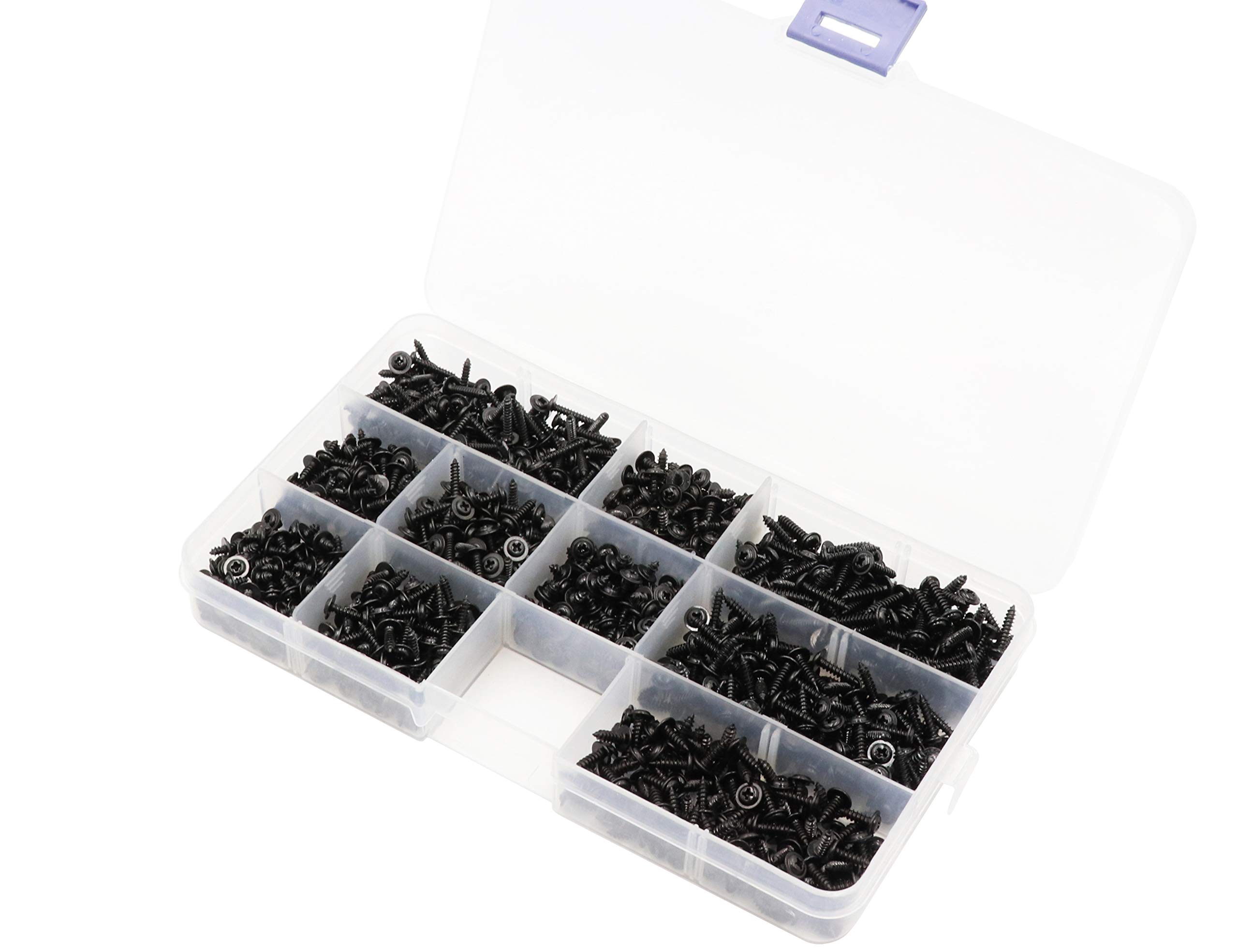 LBY 1000pcs M2.3 M2.6 Truss Head Self Tapping Screws, Wafer Head Screws, Pan Head with Washer Screw 10 Sizes Self Tapping Screws Assortment Kit, Carbon Steel (Blacking)