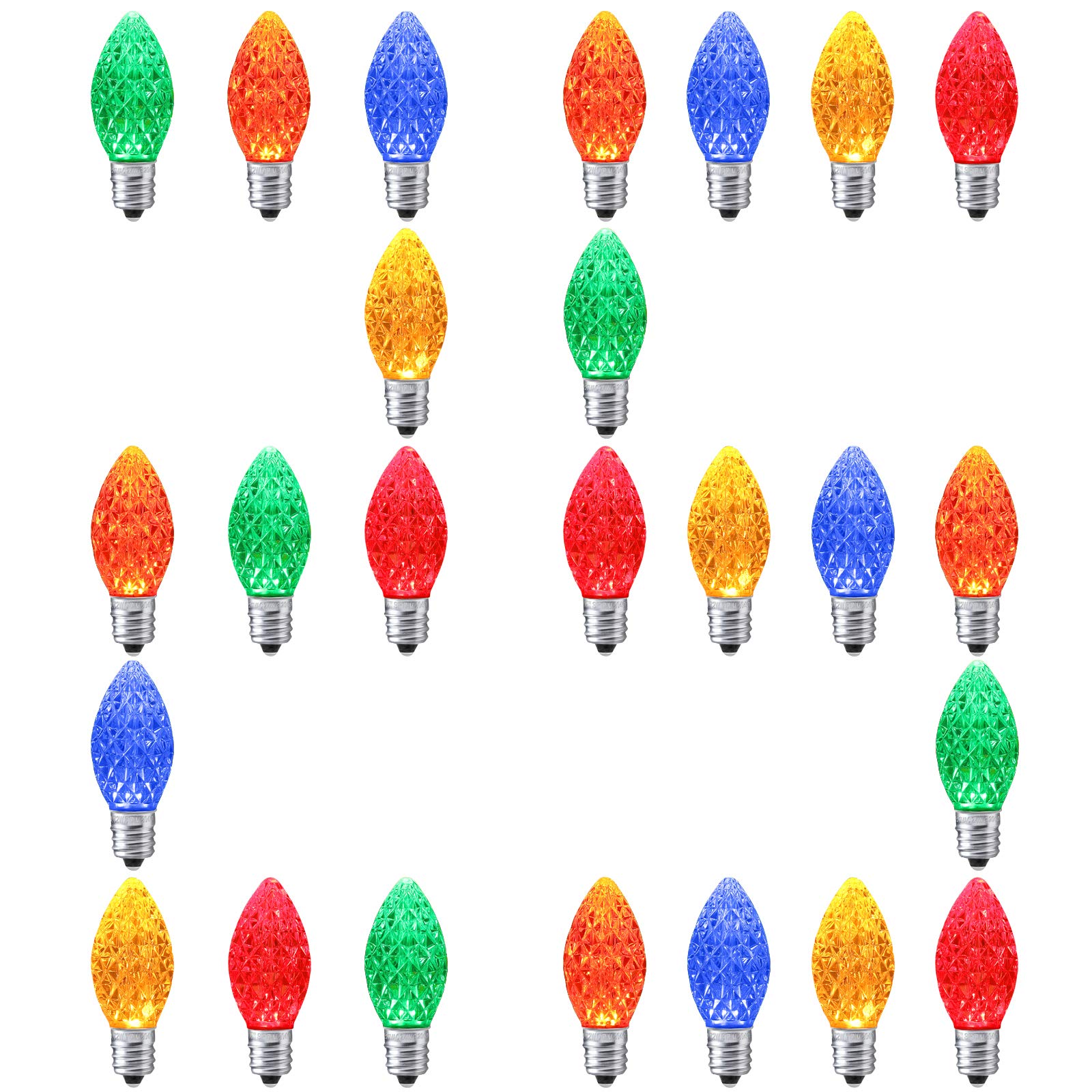 25 Pack C7 Red LED Replacement Christmas Light Faceted Bulbs, 0.72W, 2 SMD LEDs in Each Light Bulb for Christmas Village, Night Lights, E12 Base, Commercial Grade Replacement Bulbs Dimmable Waterproof