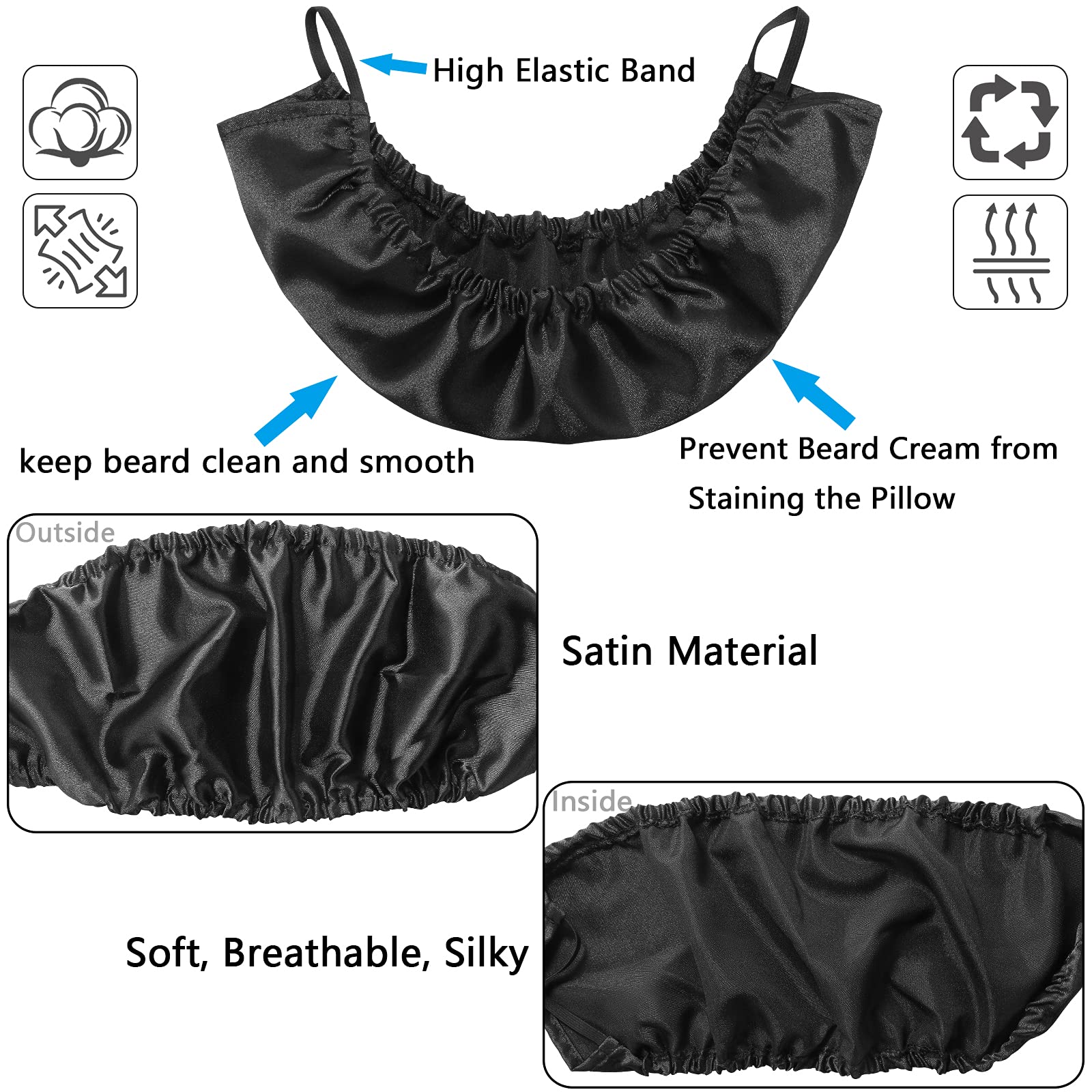 MIKIMIQI Beard Bandana, 2 Pack Men Beard Bib Black Beard Covers Soft Comfortable and Silky Satin Facial Hair Apron Guard Bonnet Rag Man Bedtime Bib Beard Cap Ear Beard Bandana
