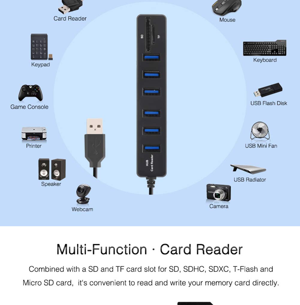 Fansipro 5V USB Hub 2.0-multiplexer High-Speed 6-Port for TF/SD Card Adapter, Black