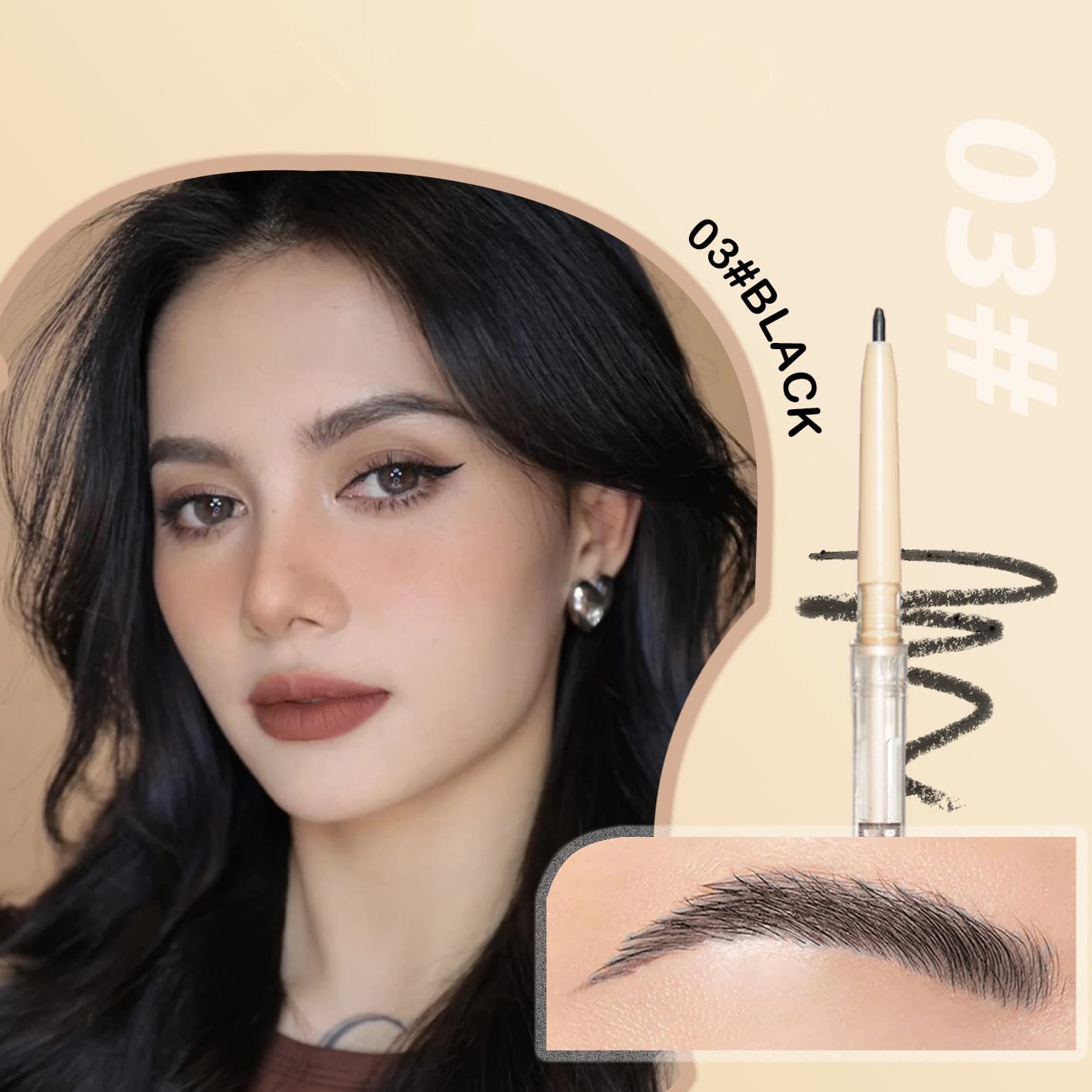 Eyebrow pencil, long-lasting waterproof and durable ultra-fine automatic makeup pencil, 3 colors (03# BLACK GRAY)
