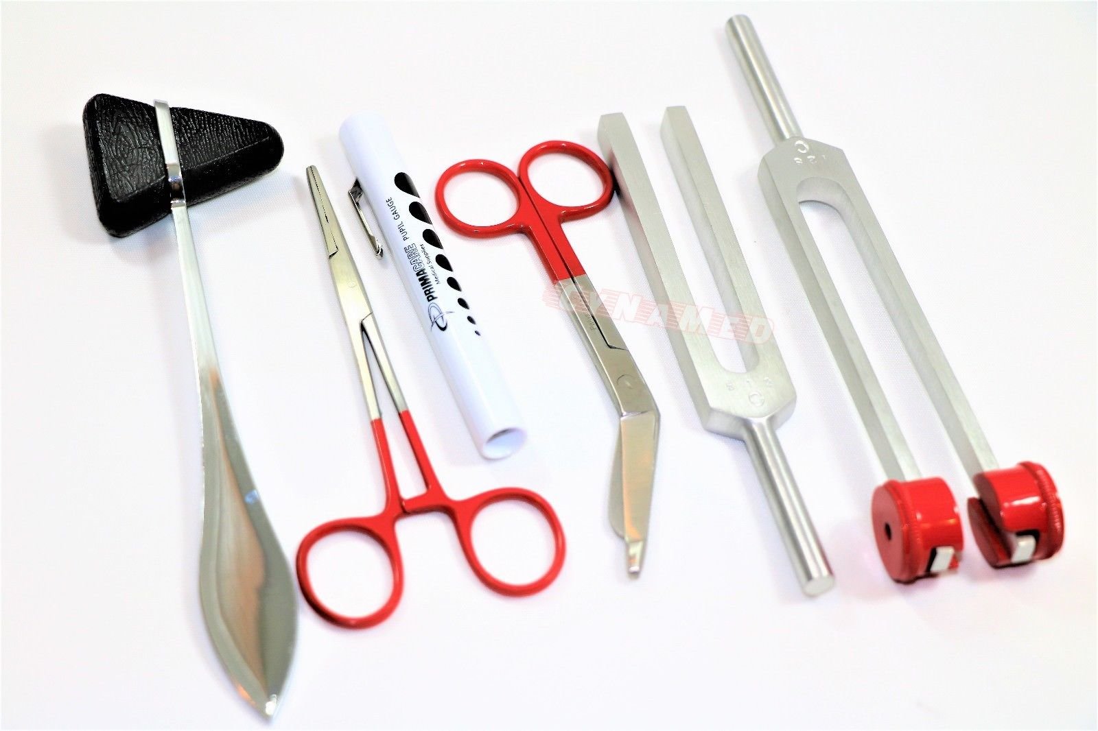 6 Pcs Reflex Percussion Taylor Hammer Penlight Tuning Fork C 256 C 512 Bandage Scissors 5.5 Inches Hemostat Forceps 5.5 Inches Cynamed
