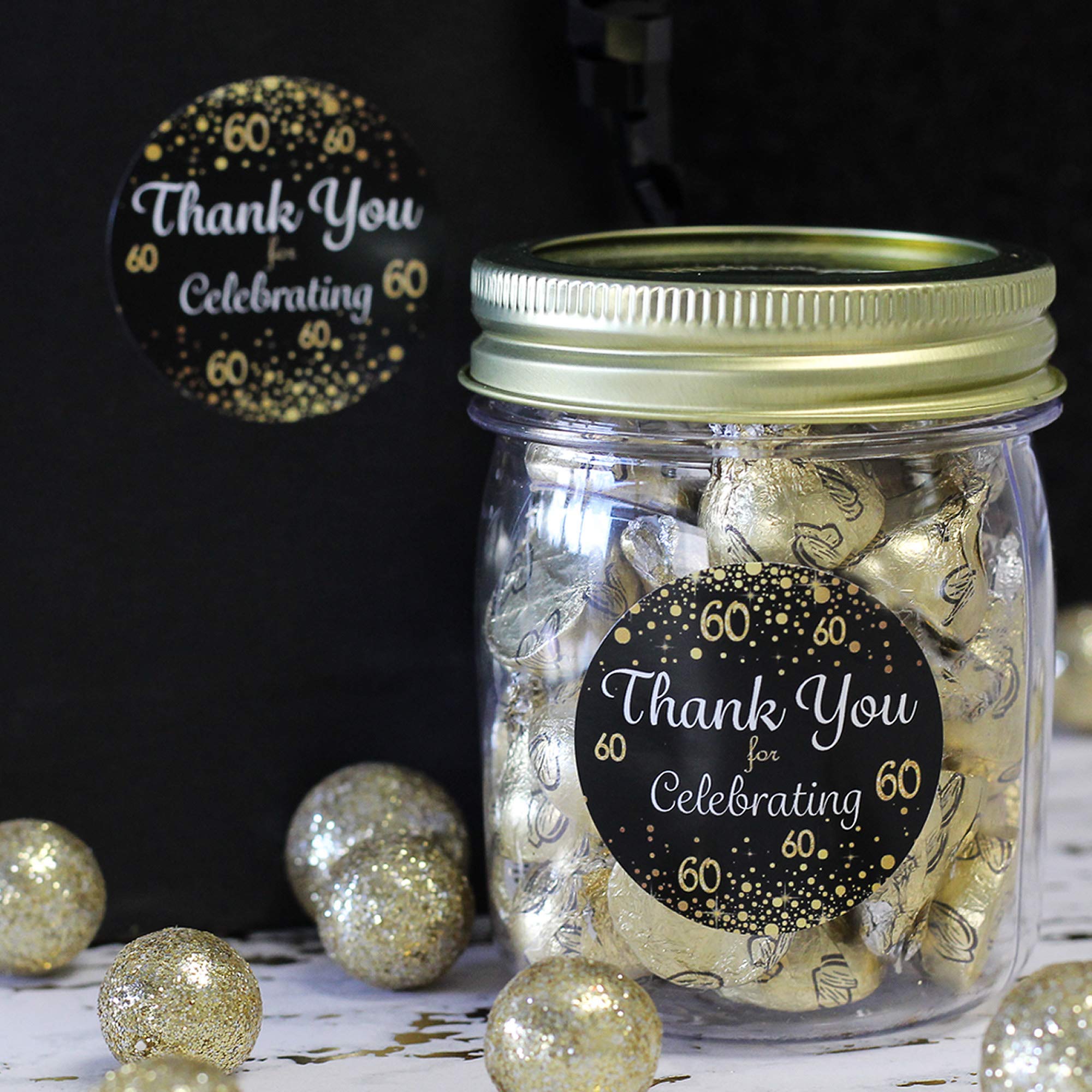 Black and Gold 60th Birthday Party Thank You Stickers - 40 Stickers