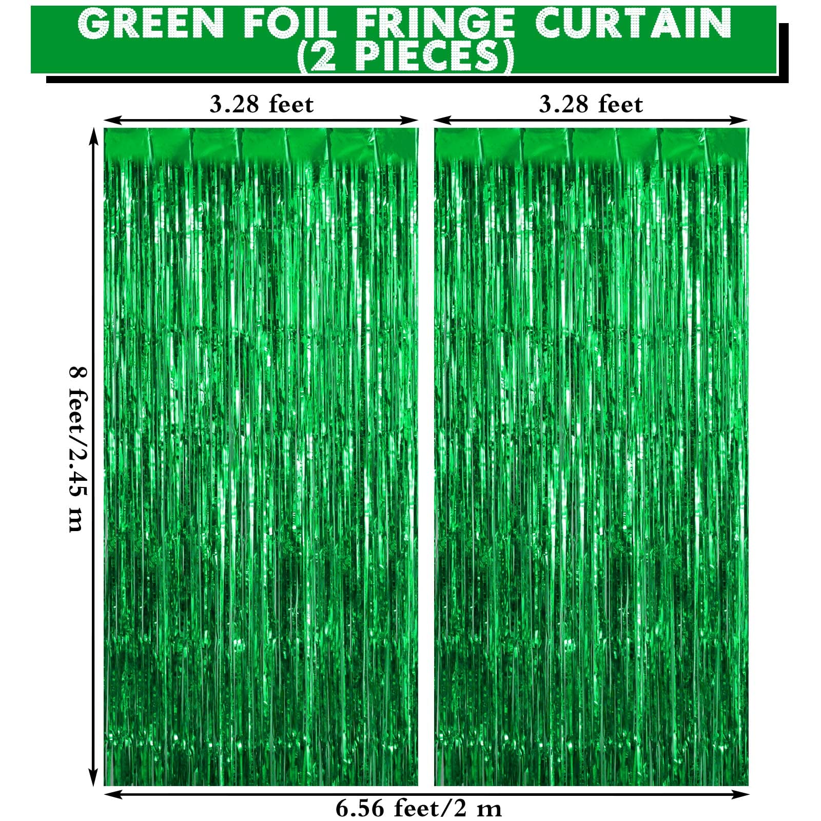 Green Fringe Curtains Backdrops 2 Pack, Foil Fringe Curtains Door Streamers for Birthday Wedding Bridal Shower Holiday Graduation Party Decorations