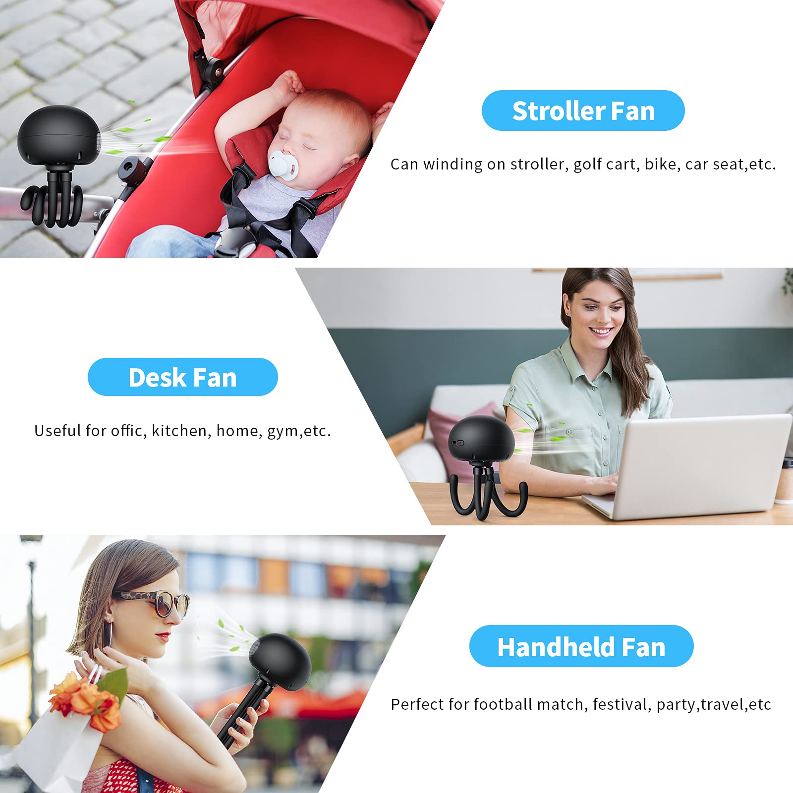 SMARTDEVIL Portable Clip on Stroller Fan, 3000mAh for Baby, 3 Speed Battery Operated Personal Desk Fan with Flexible Tripod, Mini Handheld Fan for Car Seat, Treadmill, Camping (Black(3000mAh))