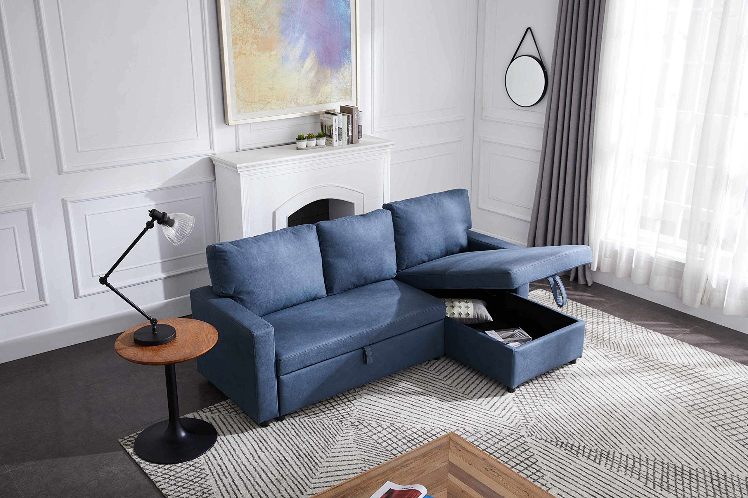 ATY Reversible Sectional Sleeper Sofa with Storage Chaise, L Shape Couch with Pull-Out Bed, Living Room Furniture, 85", Blue