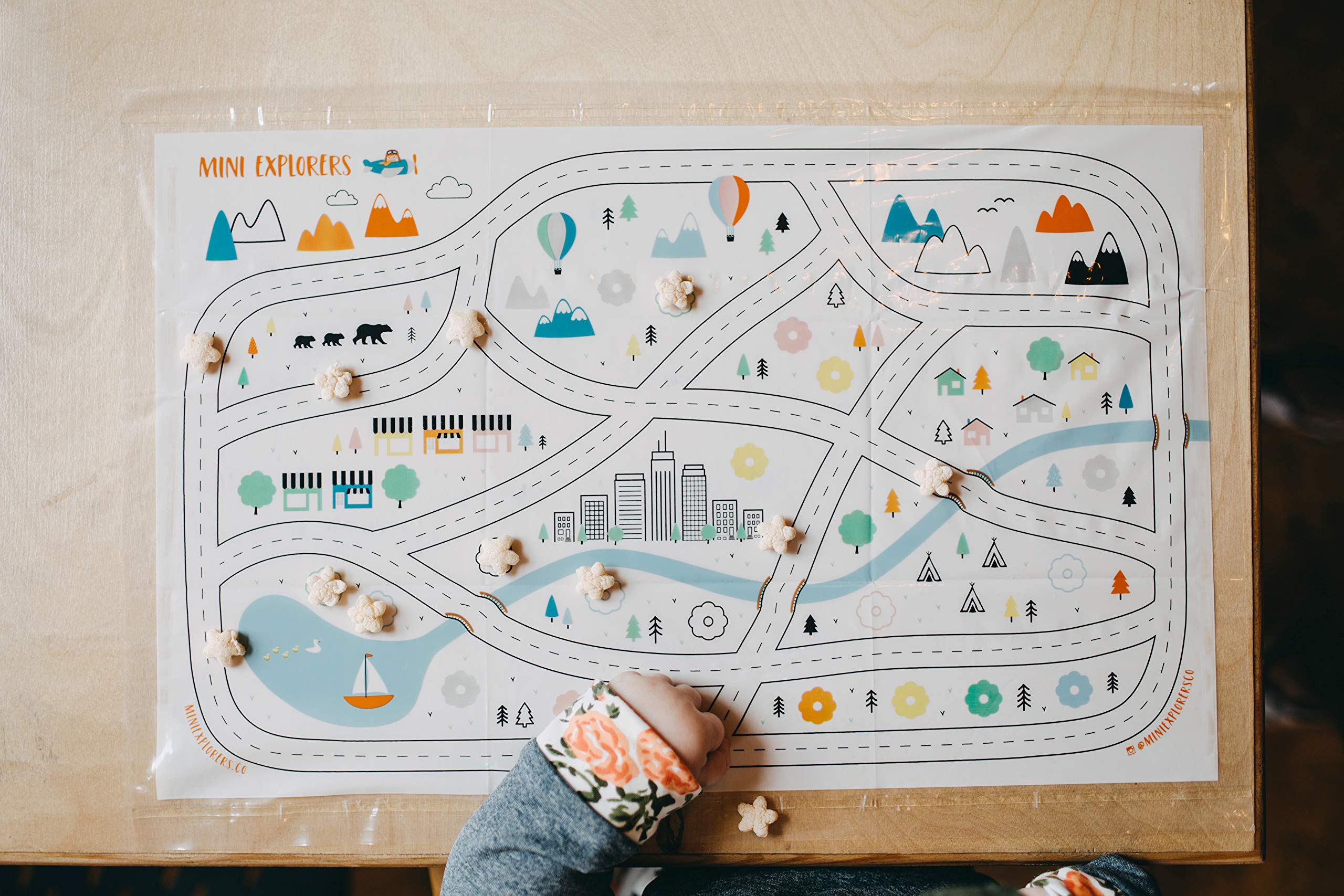 Disposable Placemats for Baby Toddlers Kids, Table Topper Disposable Placemats - Biodegradable BPA-Free Premium Super Sticky Stick-on Place Mats - Roadmap by Mini Explorers (60 Count)