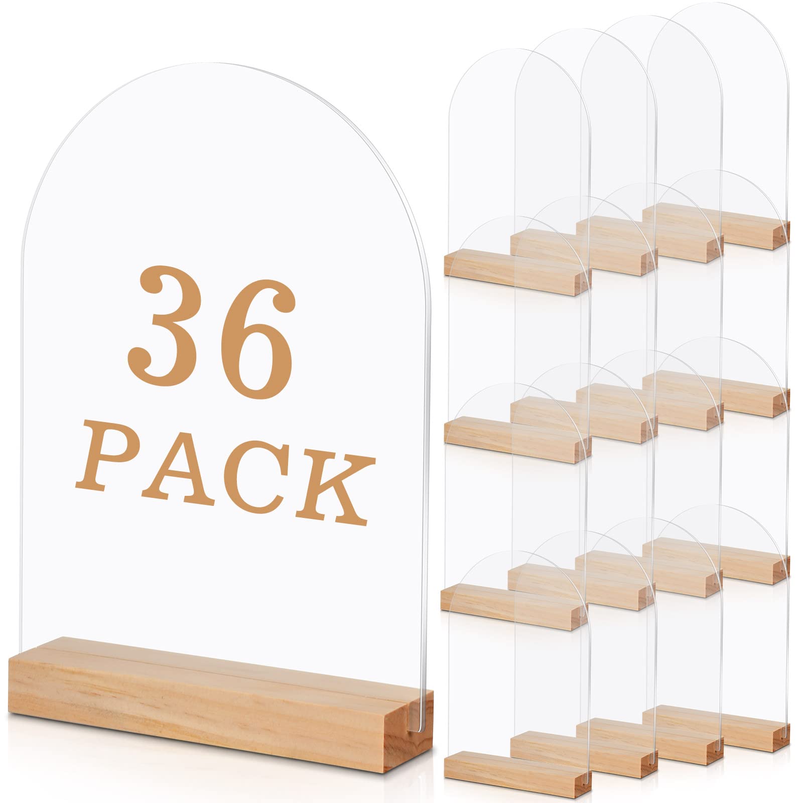 36 Packs 5 x 7 Inch Arch Acrylic Signs with Stand Clear Acrylic Sheets with Pine Wood Sign Holders Round Top Blank Acrylic Table Signs with Base for Wedding Party Events DIY Crafts Decorations