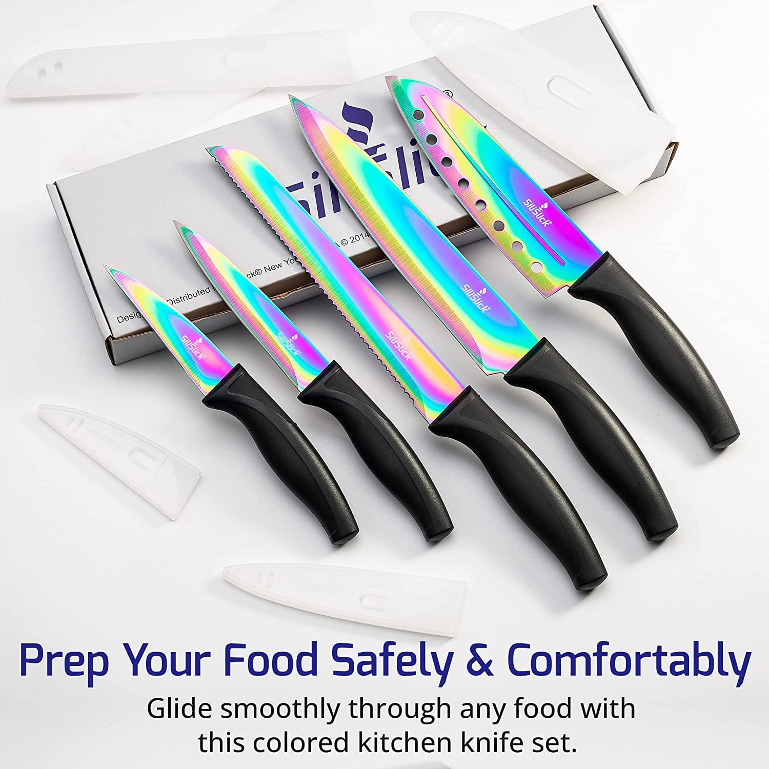 Titanium Coated Rainbow Knife Set – Sharp Stainless Steel Kitchen Knives with Chef, Bread, Santoku, Paring, & Utility Knives, Includes Covers – Iridescent Kitchen Accessories