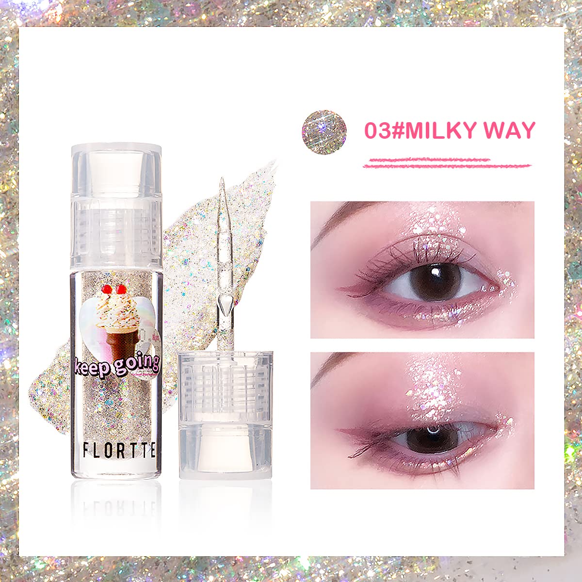 2PCS Flortte Liquid Glitter Eyeshadow, Korean Makeup Star Diamond Streamer Liquid Eyeshadow, Bling Pigmented Eye Makeup Sparkling Korean Eye Glitter, Easy to Apply Liquid Glitter Eyeshadow, Long Lasting Glitter Eyeliner Liquid Shimmer Eyeshadow (02+03)