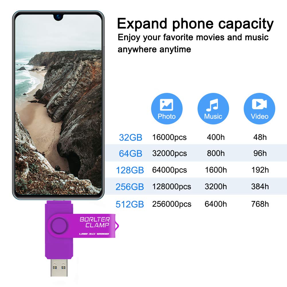 BorlterClamp 128GB USB 3.0 Flash Drive Dual Port Memory Stick, OTG Thumb Drive with Micro USB Drive Port for Android Smartphone Tablet & Computer (Purple)