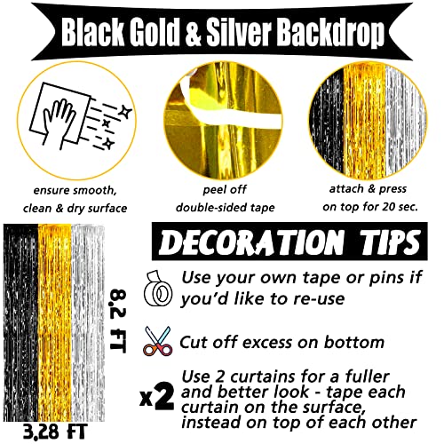 4 Pack 3.2Ft x 8.2Ft Black Gold Silver Fringe Curtain Backdrop, Metallic Tinsel Foil Fringe Streamers Curtains Background for Wedding Notorious One Birthday Roaring 20s Graduation Party Decoration