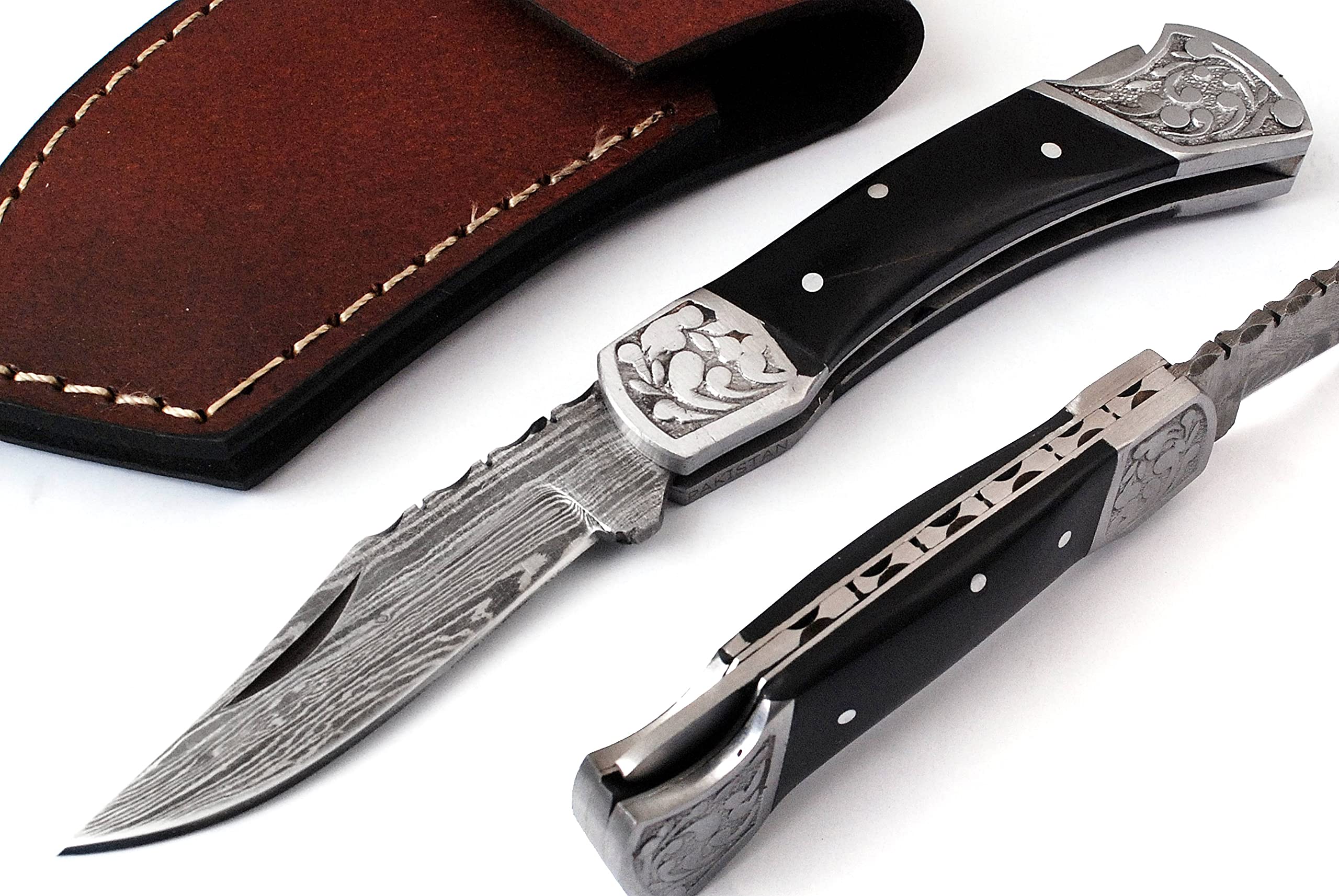 2401 Pocket Knife 4 Pcs Set 6.5" Handmade Damascus Folding Knife Back Lock knife Damascus Hunting Knife with Sheath Damascus Pocket Knife for men 100% Prime Quality