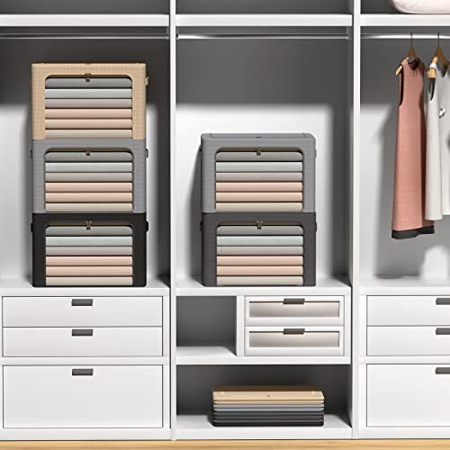 3Pack Stackable Clothes Storage Bins - Oxford Frame Storage Box Foldable Clothing Storage Container Organizer Set with Clear Window & Carry Handles Large Capacity (Dark Gray, Small-22L)