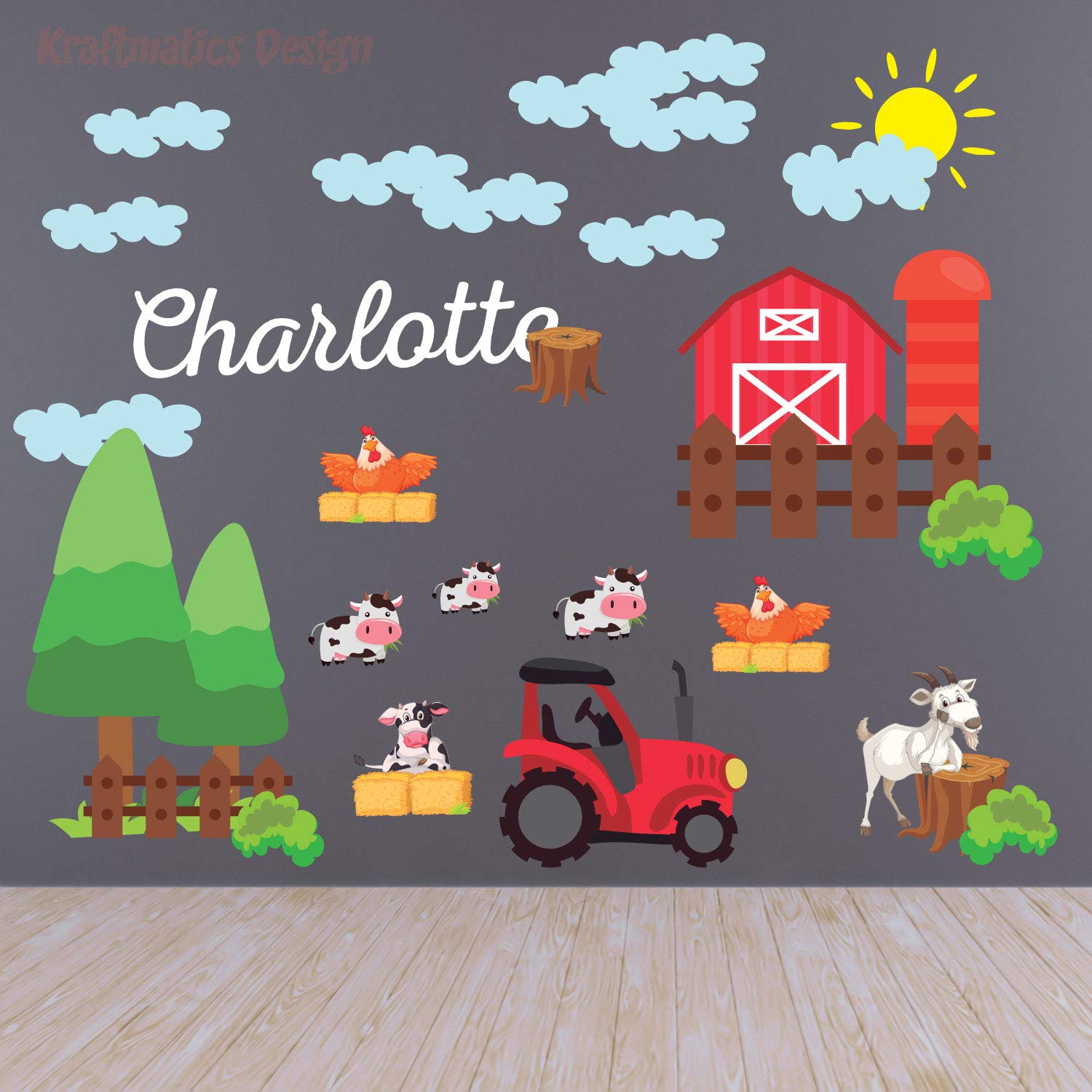 Farm Barn & Animals Personalized Name Nursery Wall Decal Vinyl Sticker | Multiple Font Options | Custom Kids Room Décor | Bedside Decals | Children’s Room | Car | Laptop (Large W 90" x H 72")
