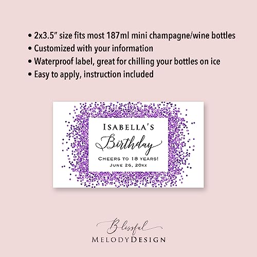 Birthday - Custom Lavender Purple Glitter (Not Real Foil) Mini Champagne Bottle Label, Personalized Waterproof Mini Wine Bottle Sticker for Birthday Celebration Party