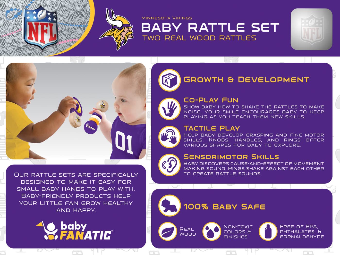 BabyFanatic Wood Rattle 2 Pack - NFL Minnesota Vikings - Officially Licensed Baby Toy Set