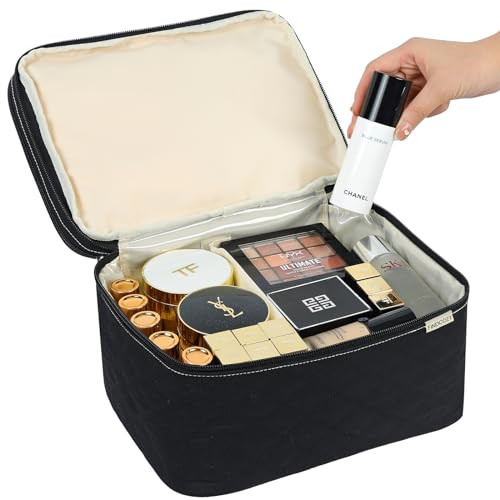 FINDCOZY Large Travel Makeup Bag, Double Layer Cosmetic Case for Women, Organizer for Travel Accessories Brushes, Beauty, Eyeshadow Palette, Lipstick, Black