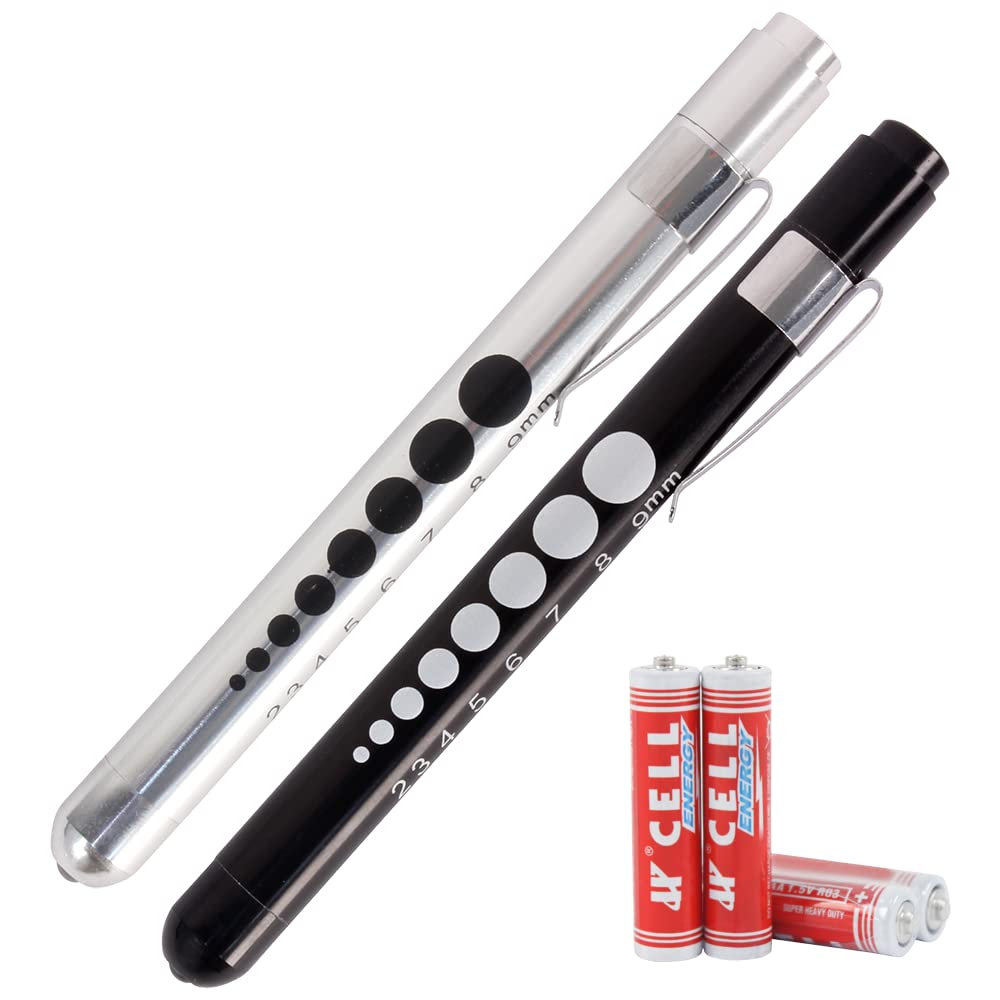 Dixie Ems Reusable LED Diagnostic Medical Penlight with Pupil Gauge and Pocket Clip (Batteries Included) (2, Black/Silver)