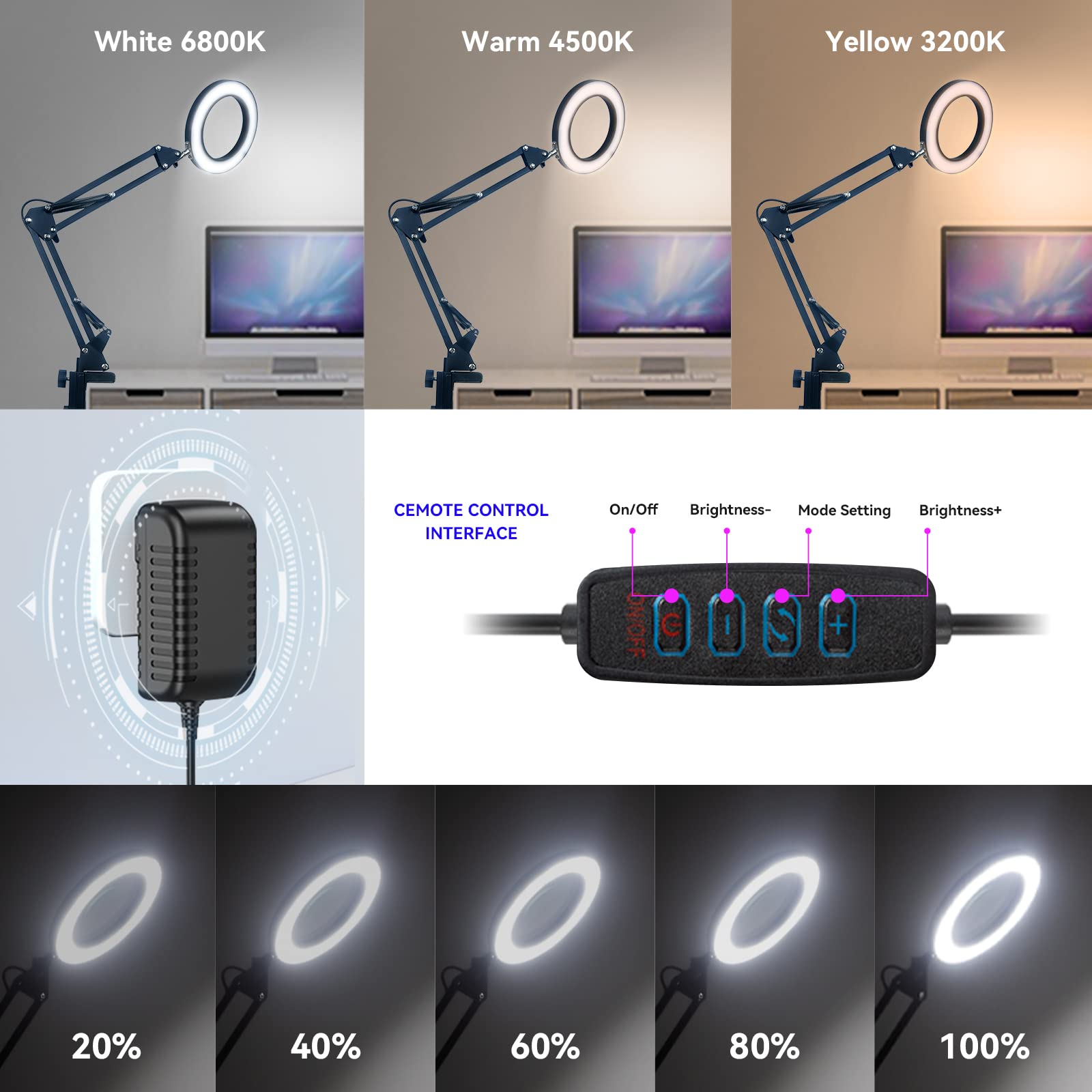 2-in-1 Magnifying Glass with Light and Stand,10X Magnifying Lamp with 3 Color Modes,Dimmable LED Lighted Magnifier Lamp & Clamp for Repair Reading,Crafts,Painting,Close Works