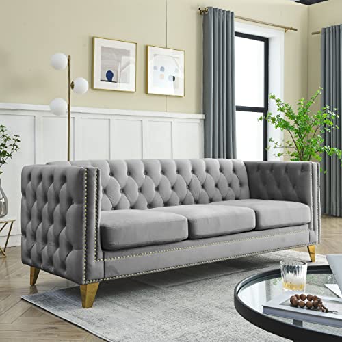 80.5-Inch Velvet 2 Seater Sofa Couch, Comfy Couches for Living Room, Modern Sofa with Tufted Back and Rivet Decoration, Upholstered Long Couch with Solid Golden Metal Tapered Legs, Dark Gray