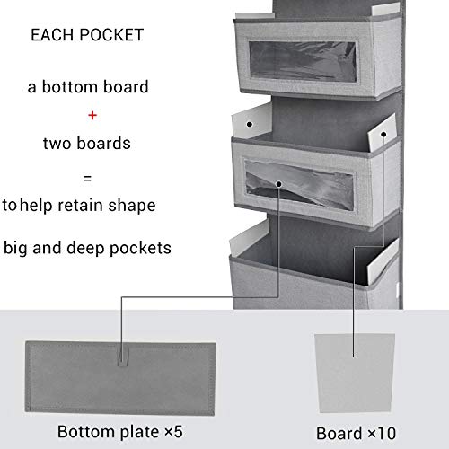 homyfort Over the Door Hanging Organizer Storage with 5 Large Pockets,Wall Mount Storage with Clear Windows and 2 Widened Metal Hooks for Pantry,Nursery,Diapers,Bathroom,kitchen,Closet,Dorm(Grey)