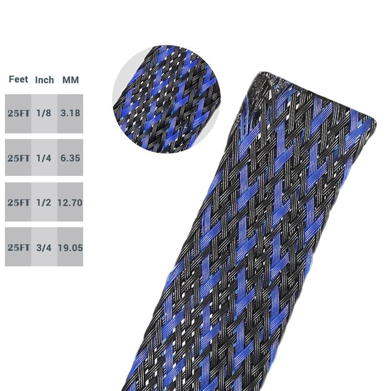 25ft-3/4inch PET Expandable Braided Sleeving Wire Loom Cable Sleeves Automotive Wire Sleeve Cable Management Wrap Wire Protector Tubing Desk Wire Organizer for Home,Office,Audio HDMI Cable,Black&Blue
