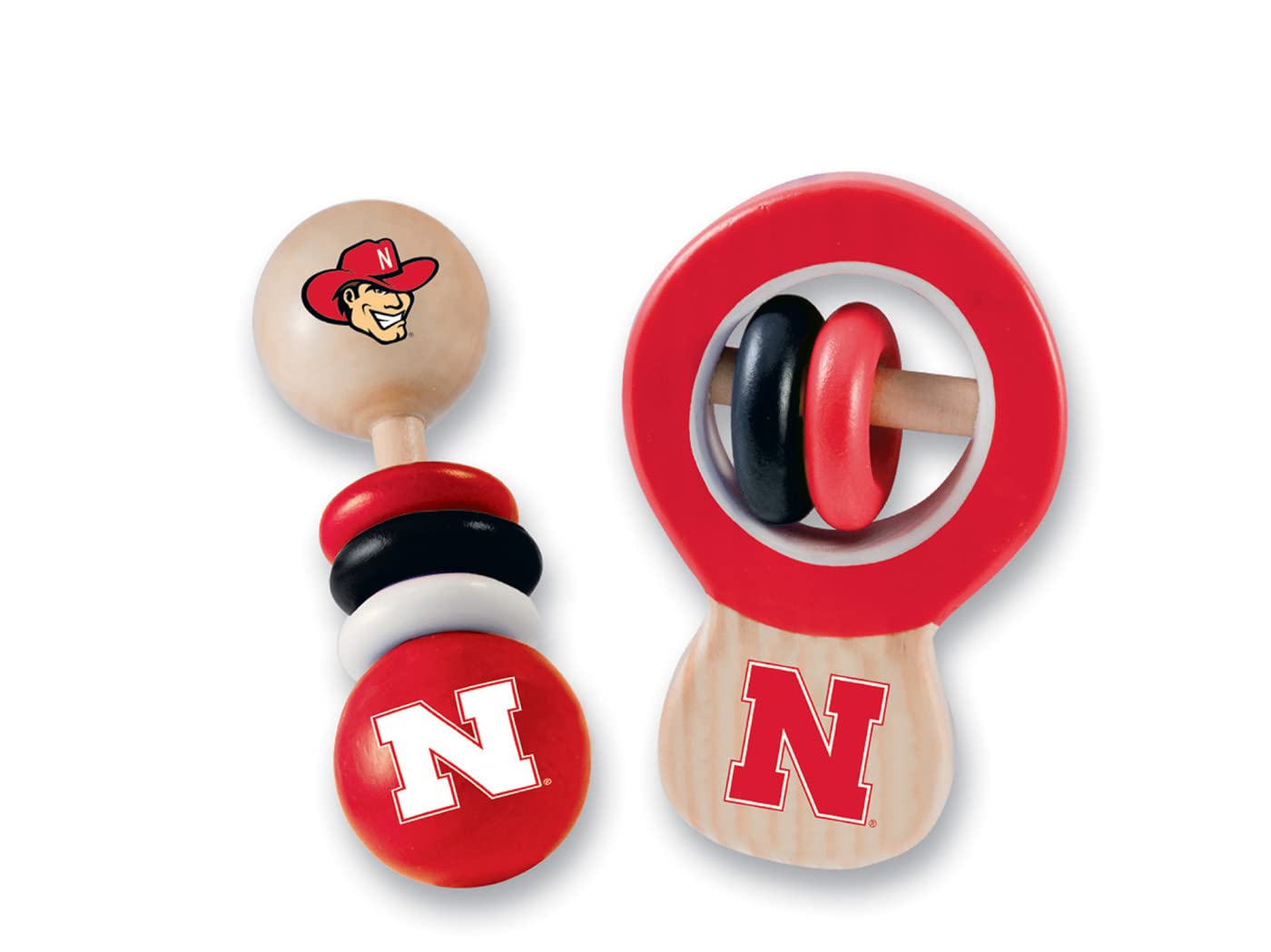 BabyFanatic Wood Rattle 2 Pack - NCAA Nebraska Cornhuskers - Officially Licensed Baby Toy Set